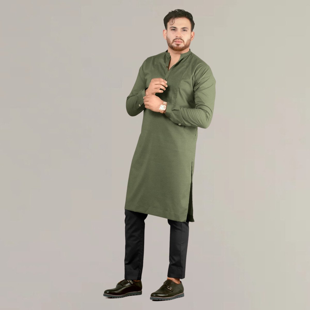 Hemploom Men's Olive Green Kurta | Full Sleeve